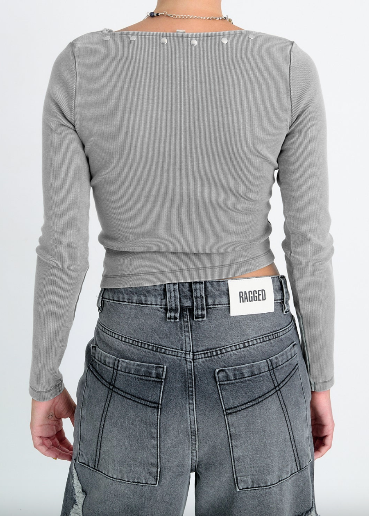 Audrey Grey Ribbed Snap Front Studded Long Sleeve Top by Ragged Priest ...