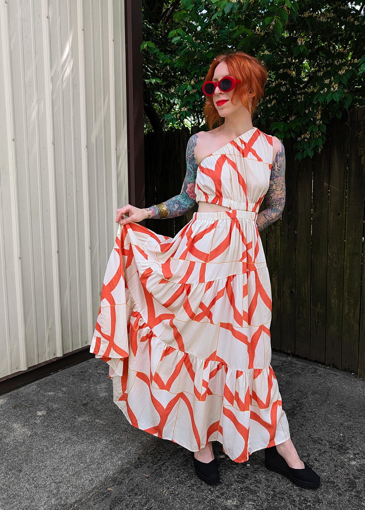 Yasmin One Shoulder Midi-Maxi Dress in Biege/Abstract Orange by Little ...