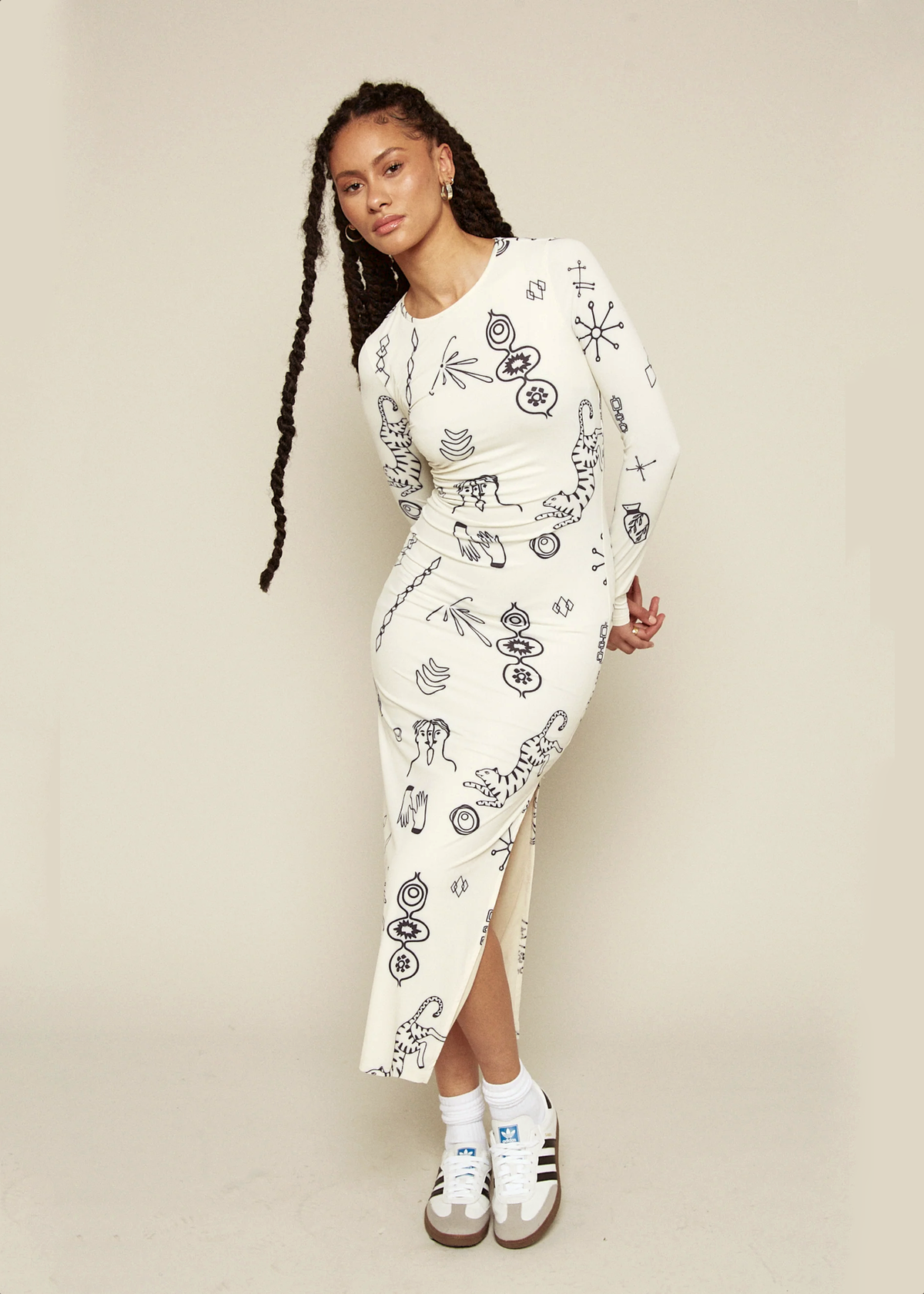 Doodle Print White and Black Long Sleeve Mesh Midi-Maxi Dress by ...