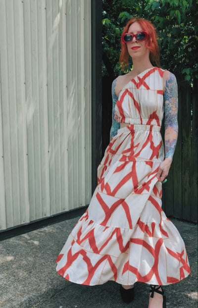 Yasmin One Shoulder Midi-Maxi Dress in Biege/Abstract Orange by Little ...