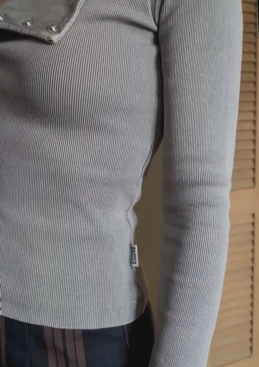 Audrey Grey Ribbed Snap Front Studded Long Sleeve Top by Ragged Priest ...