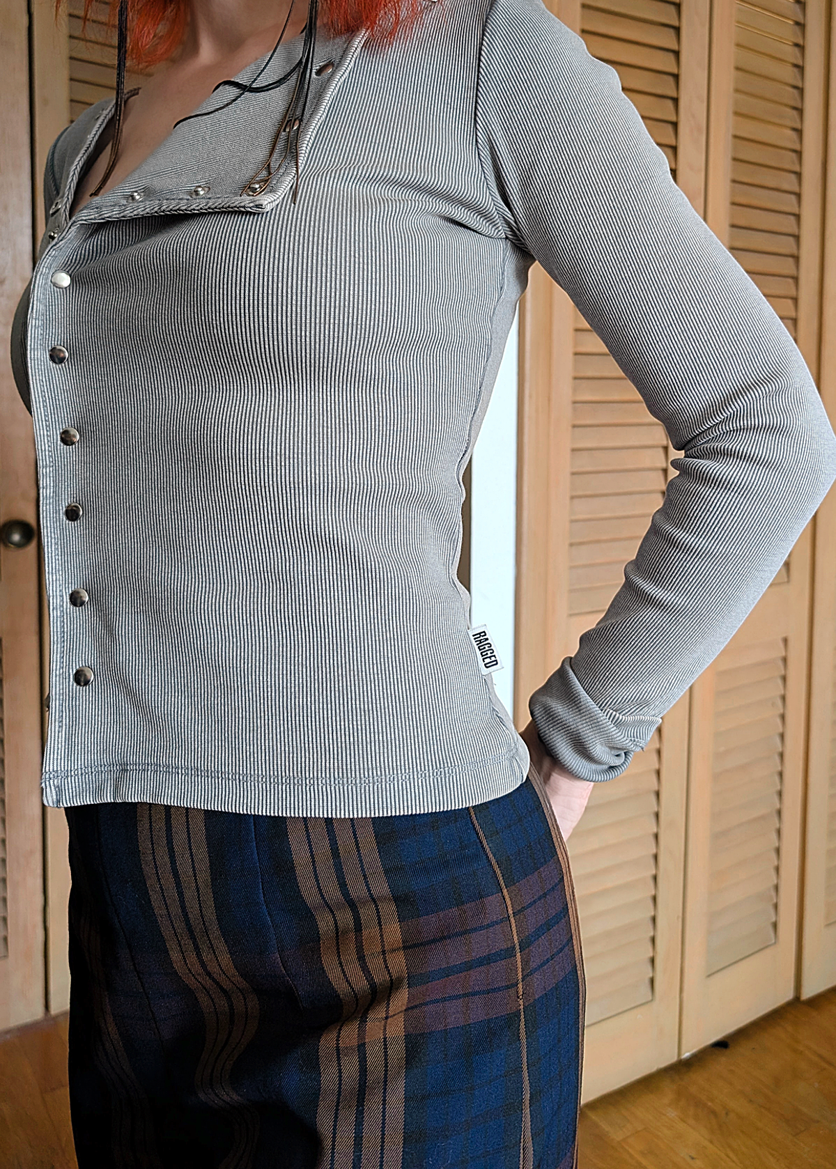 Audrey Grey Ribbed Snap Front Studded Long Sleeve Top by Ragged Priest ...