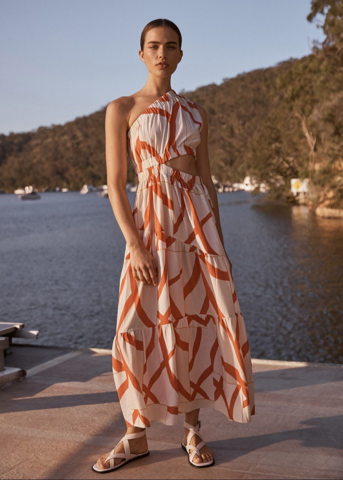 Yasmin One Shoulder Midi-Maxi Dress in Biege/Abstract Orange by Little ...