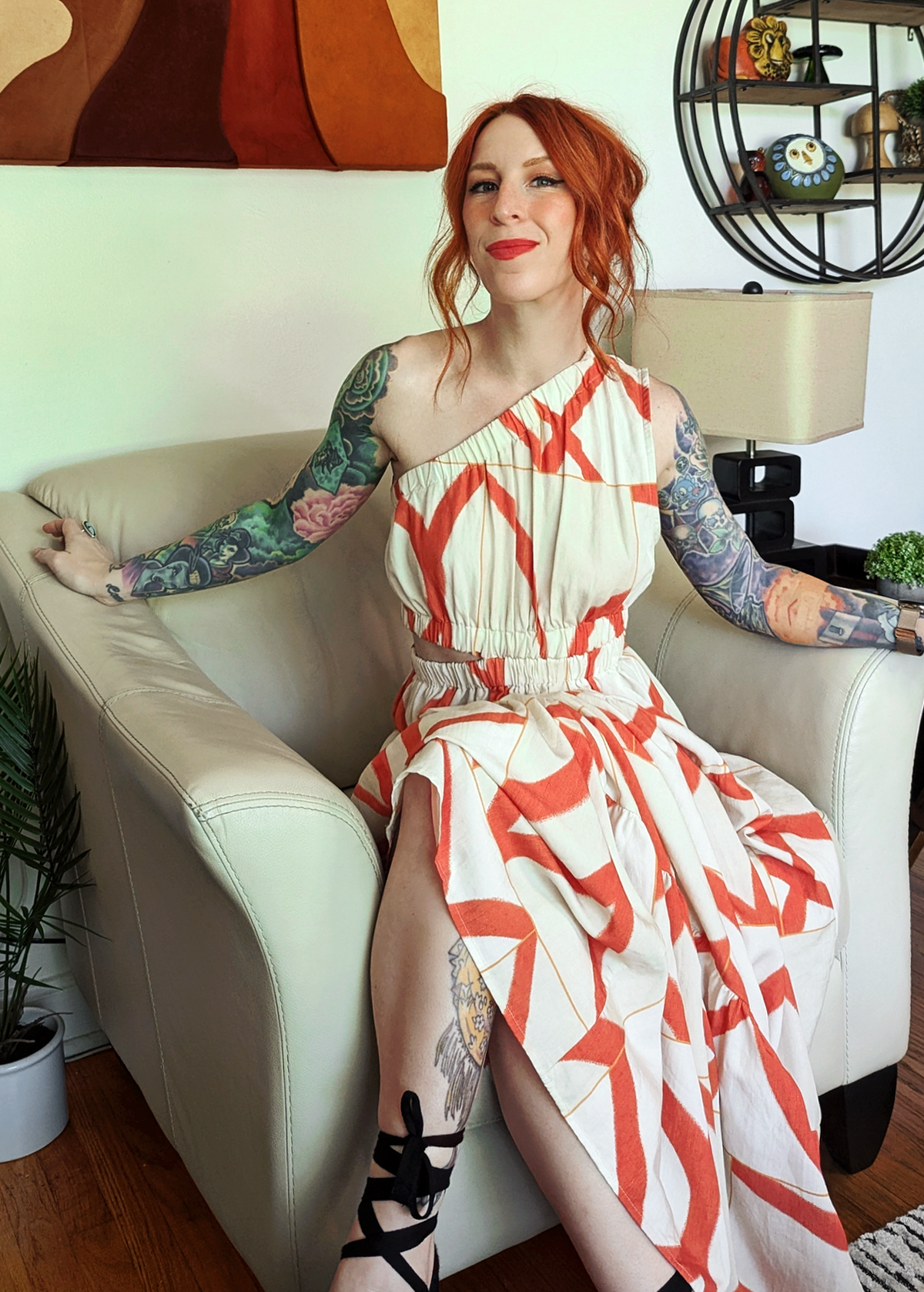 Yasmin One Shoulder Midi-Maxi Dress in Biege/Abstract Orange by Little ...