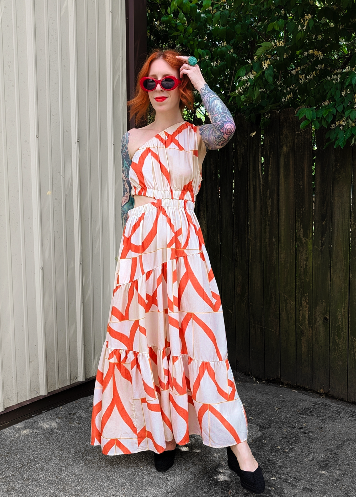 Yasmin One Shoulder Midi-Maxi Dress in Biege/Abstract Orange by Little ...