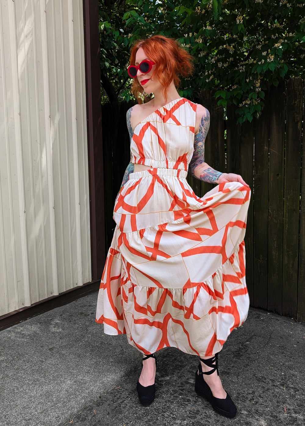 Yasmin One Shoulder Midi-Maxi Dress in Biege/Abstract Orange by Little ...