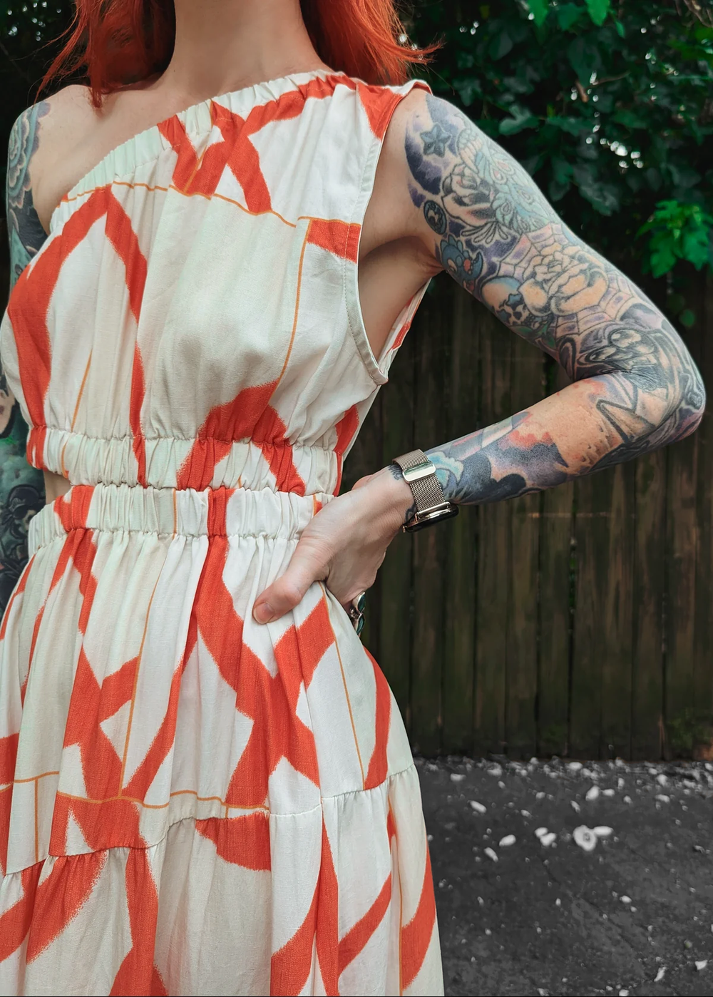 Yasmin One Shoulder Midi-Maxi Dress in Biege/Abstract Orange by Little ...